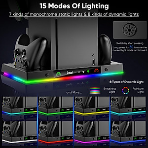 Upgrade Cooling Fan &Dual Controller Charging Station for Xbox Series X with 15RGB Light, Vertical Stand Charger Dock with 2 Rechargeable Batteries Packs, Cooler System with Disc Accessories Storage
