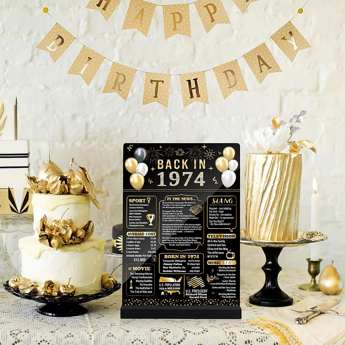 Happy 50th Birthday Decorations & Anniversary Party Favor Supplies - Back in 1974 Table Poster Sign Gifts for Men & Women, Cake Topper Banner Balloon Backdrop Candle Centerpiece Tablecloth