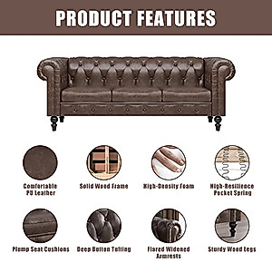 MGH 84'' PU Faux Leather Chesterfield Sofa, Mid-Century 3 Seats Top Grain Living Room Couch, Deep Button Tufted Modern Sofas Couches with Rolled Arm Settee for Bedroom, Brown (110PU)