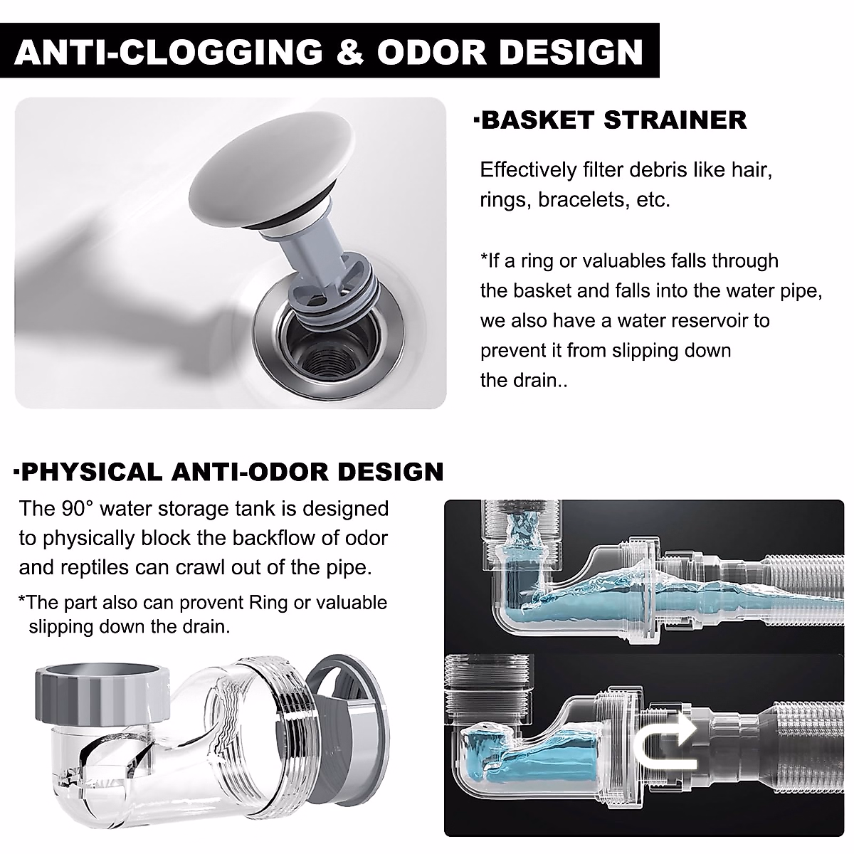 Mixbatt Bathroom Sink Drain Kits with Ceramics Stopper Pop Up Sink Drain Rustproof Vessel Sink with Anti Odor Anti Clogging Scratch Resistant Drain System Colorful Design