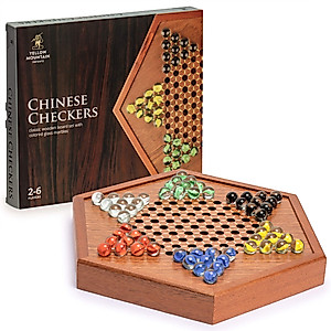 Wooden Chinese Checkers Halma Board Game Set - 12.7 Inches - with Drawers and Glass Marbles - Made by Yellow Mountain Imports