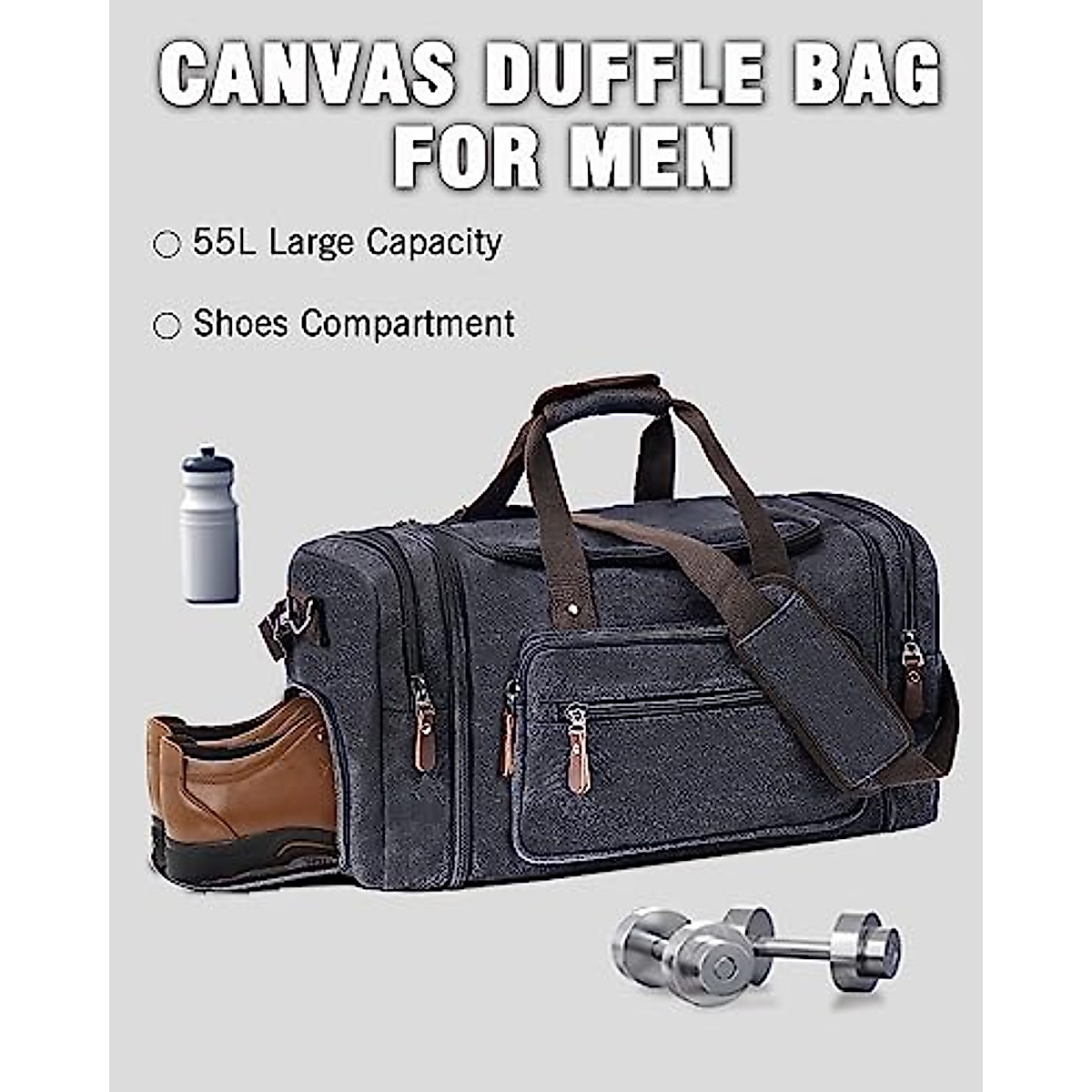 Canvas Duffle Bag Mens with Shoes Compartment，（50L/55L）Travel Bag for Men Adjustable Capacity Weekend Overnight Bag Carry on Bag Hospital Holdalls (Black)