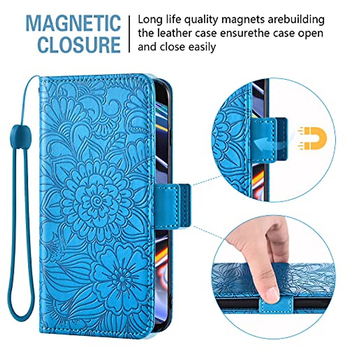 Asuwish Compatible with Oppo Realme 7 Pro Wallet Case and Tempered Glass Screen Protector Card Holder Stand Magnetic Wrist Strap Detachable PU Leather Flip Phone Cover for Realme7 7Pro Women Men Blue
