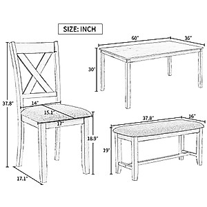 P PURLOVE 6 Piece Dining Table Set, Wood Rectangular Kitchen Table and 4 Cushion Dining Chairs and 1 Cushion Bench, Family Furniture for 6 Persons, Natural Cherry