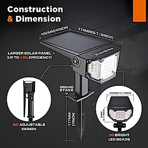 EverBrite 30 LEDs Solar Landscape Spotlights Outdoor, IP67 Waterproof Solar Powered Garden Lights, 2-in-1 Solar Outdoor Lights, 4 Modes Decorative Path Lights for Yard Porch Driveway, 2 Pack
