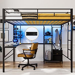 IKIFLY Loft Bed Twin Size with Desk and Storage Shelves, LED Lights & Charging Station, Metal Loft Bed with 13.4” Guardrail and Ladder, Large Fabric Basket, Clothes Rail, No Box Spring Needed, Black
