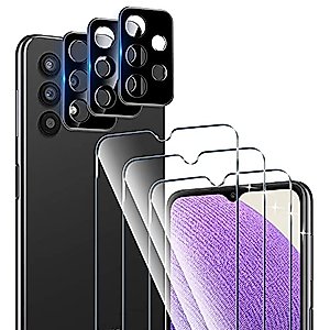 QHOHQ 3 Pack Screen Protector for Samsung Galaxy A32 5G/M32 5G (Not fit A32 4G＆M32 4G) with 3 Pack Camera Lens Protector, HD Tempered Glass Film, 9H Hardness, Anti-Scratch, Easy Install, Case Friendly