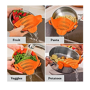 Kitchen Snap N Strain Pot Strainer and Pasta Strainer - Adjustable Silicone Clip On Strainer for Pots, Pans, and Bowls (Orange)