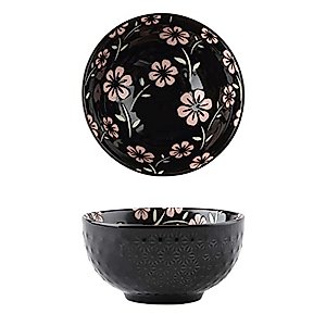 ramen bowl set,fruit bowl,ramen bowl,large serving bowls,White Porcelain Rice Bowl Set of 2,4.5 Inches Micorwave Oven Safe Cereal Bowl Set,Gold Pattern Small Soup Bowl-Pink-Flower (Color : Black, Si