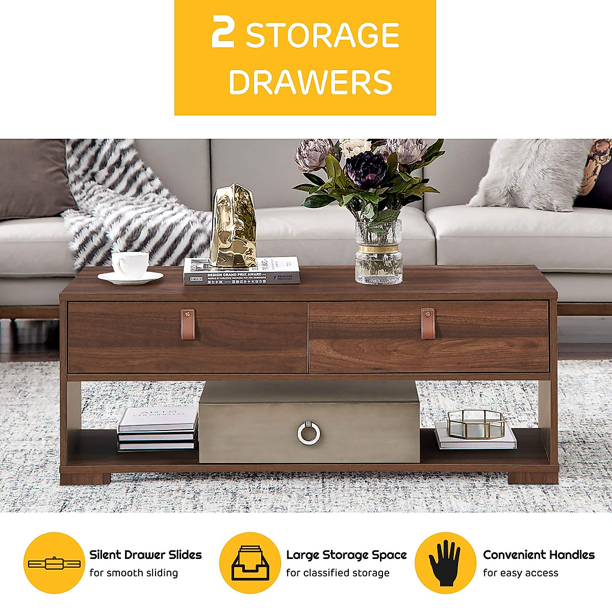 Tangkula Coffee Table with Drawers, Industrial Accent Cocktail Table with 2 Drawers & Open Storage Shelf, Wooden Rectangular Sofa Table for Living Room Home Office (Walnut)