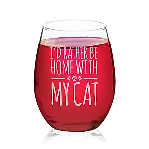 Veracco I'd Rather Be Home With My Cat Stemless Wine Glass Funny Birthday For Cat Mom Crazy Cat Lady Animal Lover Rescue Mom (Clear, Glass)
