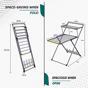 XABITAT Foldable Clothes Drying Rack with Shoe Hanger | Metal Construction, Non-Slip Feet | Dual Layer with Hooks | Hidden Wheels | Space Saving Portable | Ideal for Laundry Room, Indoor & Outdoor