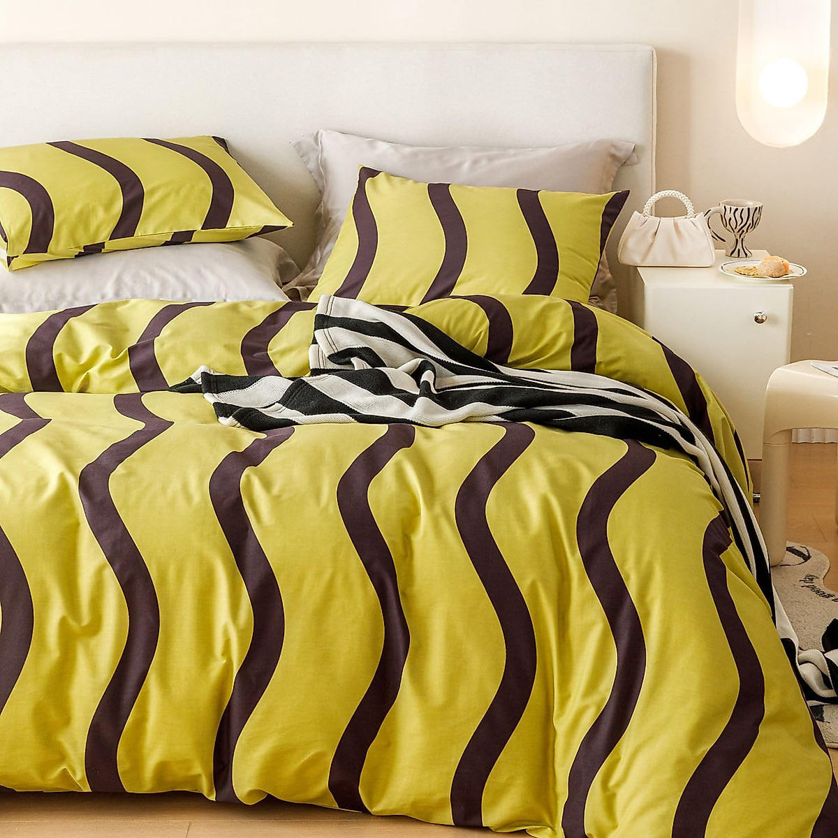 SUSYBAO Queen Size Duvet Cover 100% Cotton Yellow Green Striped Duvet Cover 3 Pieces Set 1 Brown Wavy Stripe Duvet Cover with Zipper Ties 2 Pillowcases Soft Vintage Aesthetic Geometric Bedding