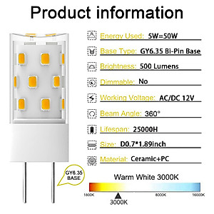 TAIYALOO GY6.35 LED Bulb 5W Equivalent to 50W Bi-pin Base Halogen Bulb, AC/DC 12V Warm White 3000K for Pendant Light, Chandelier, Desk Light, Accent Lights, Landscape Lighting, Non-Dimmable (4 Pack)