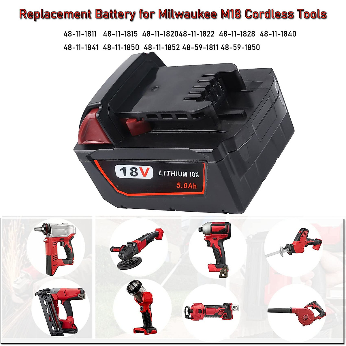 2 Pack 5.0Ah M18 Battery Replacement for Milwaukee M18 Battery, Replacement for Milwaukee M18 Cordless Power Tools 18V XC Lithium Battery 48-11-1852 48-11-1850 48-11-1862 48-11-1812