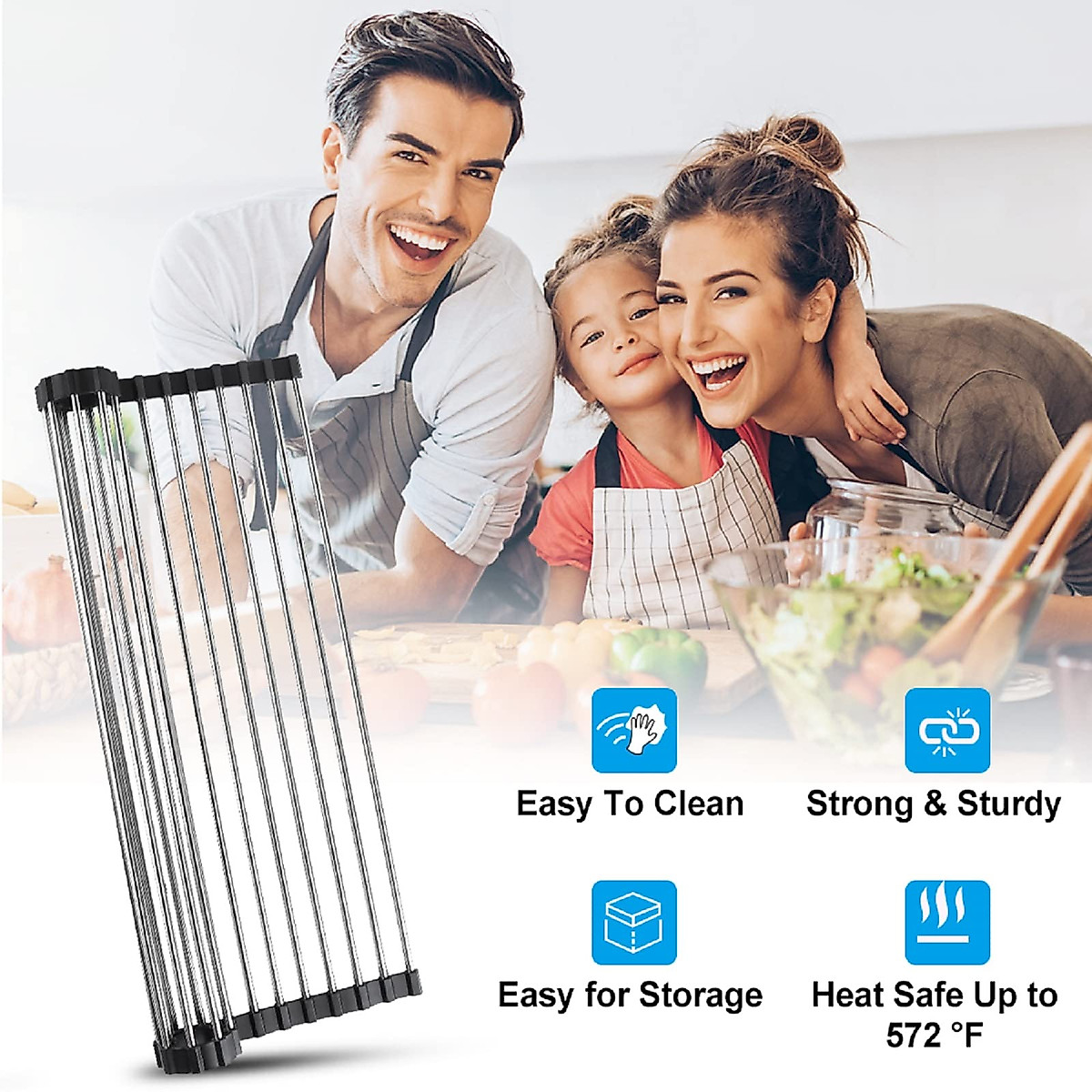 Cuteadoy Dish Drying Rack,18.5’’x13.3’’ Multipurpose Kitchen Roll Up Dish Rack Foldable Stainless Steel Drain Rack Over The Sink Drying Rack for Vegetable Fruit and Dish