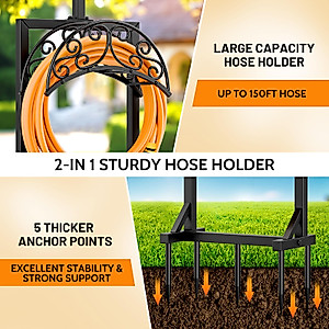 Jvgoo Garden Hose Holder for Outside - Upgraded Water Hose Holders with 5 Spikes & 2 Shepherds Hooks, Freestanding Garden Hose Stand Heavy Duty Hose Hanger Hose Storage Hose Reel Rack for Yard Lawn