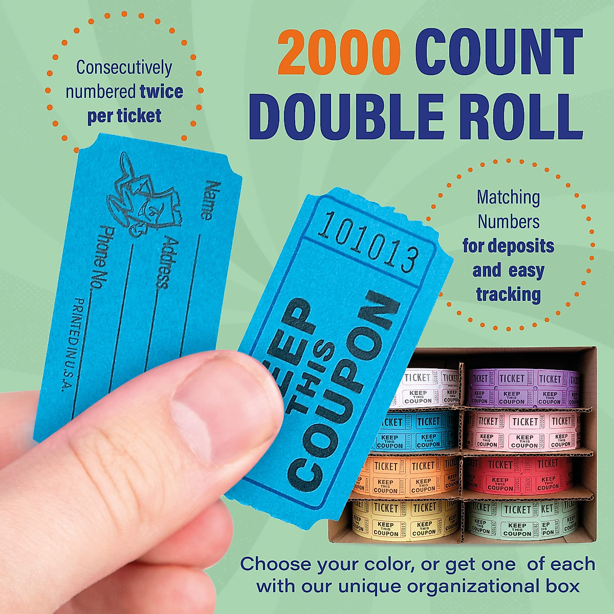 50/50 Raffle Tickets Double Roll - Bulk Box of 8 Colors - 2000 Ticket Count Per Roll - Easy Tear Away Stubs for Contact Info - Raffle Drum Tickets Roll for Drinks, Carnival, Chinese Auction, Events