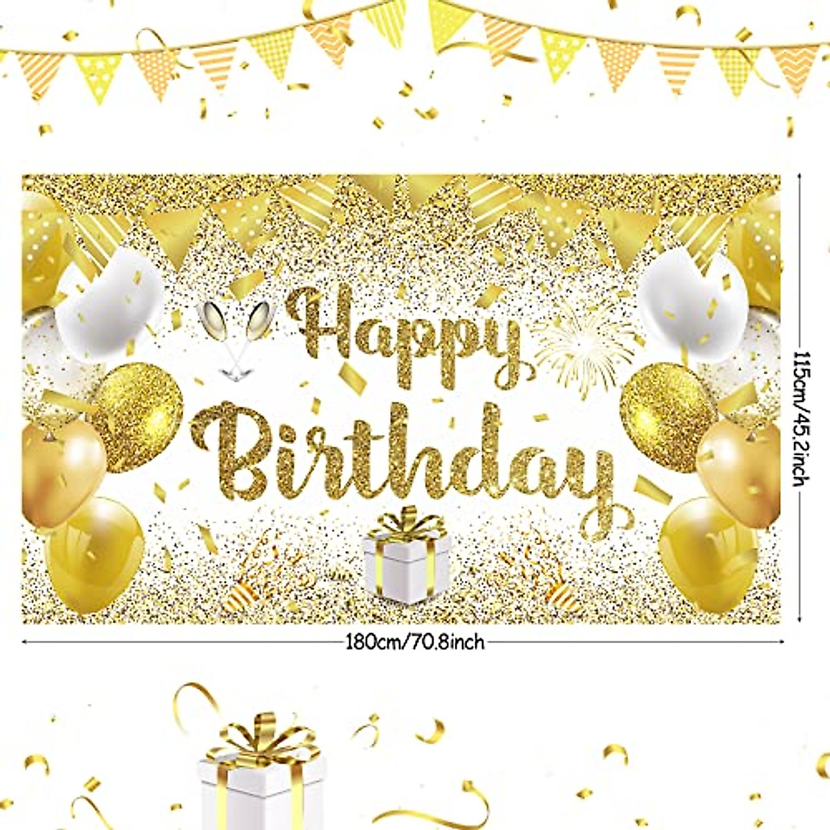 Gold White Birthday Party Decorations Banner, Gold and White Happy Birthday Backdrop Banner, Large Gold White Birthday Banner Photography Background Party Decoration for Women Men Girls 70.8x43.3Inch
