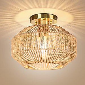 Semi Flush Mount Ceiling Light Paper Woven Rattan Hallway Light Fixture Boho Farmhouse Ceiling Lights for Porch Hallway Kitchen Bedroom, Bulb Not Included (Woven)