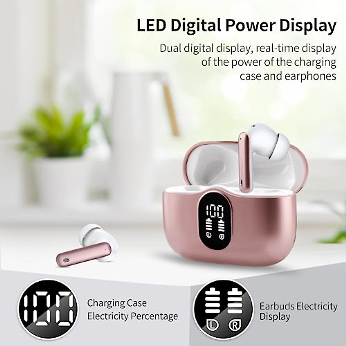 HISOOS Wireless Earbuds Bluetooth Headphones LED Power Display Earphones ANC Ear Buds with Charging Case Bluetooth 5.3 Hi-Fi Stereo for iPhone/Android,Valentine's Day Birthday Gifts (Rose Gold)