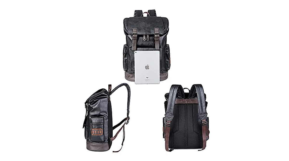 Stylish CHAO RAN Black Leather Laptop Backpack