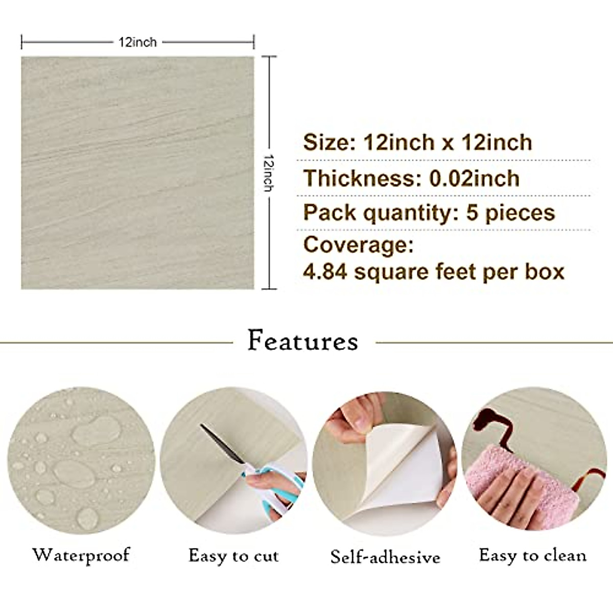 VaryStyle 12"x12" Beige Marble Tiles Peel and Stick Tile Stickers Self Adhesive Removable Waterproof Bathroom Wall Tile Vinyl Floor Stickers Stick on Tile for Walls Floor Kitchen Backsplash 5 Packs