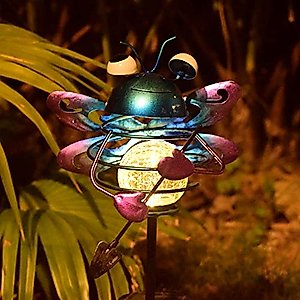 Garden Solar Lights Pathway Outdoor Frog Beetle Dragonfly owl Crackle Glass Globe Stake Metal Lights,Waterproof Warm White LED for Lawn,Patio or Courtyard (Dragonfly)