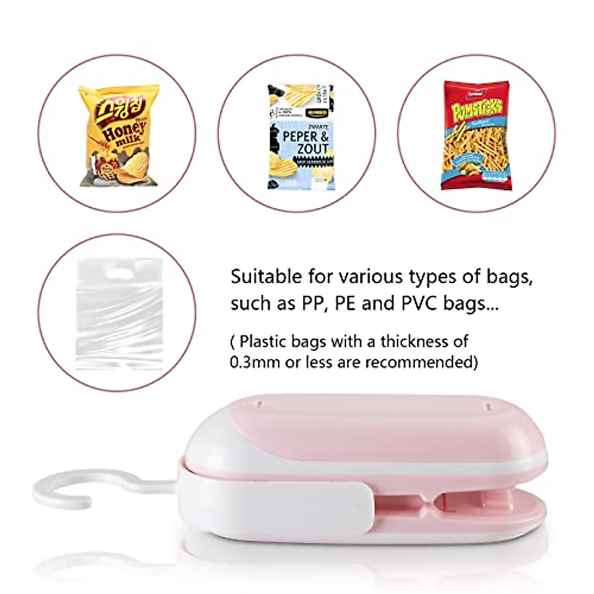 MVNIHEK 2 In 1 Mini Bag Sealer, Portable Heat Sealer and Cutter with Hook,Bag Sealer Mini Sealing Machine Kitchen Gadget for Plastic Bags Food Chip Storage (Pink)