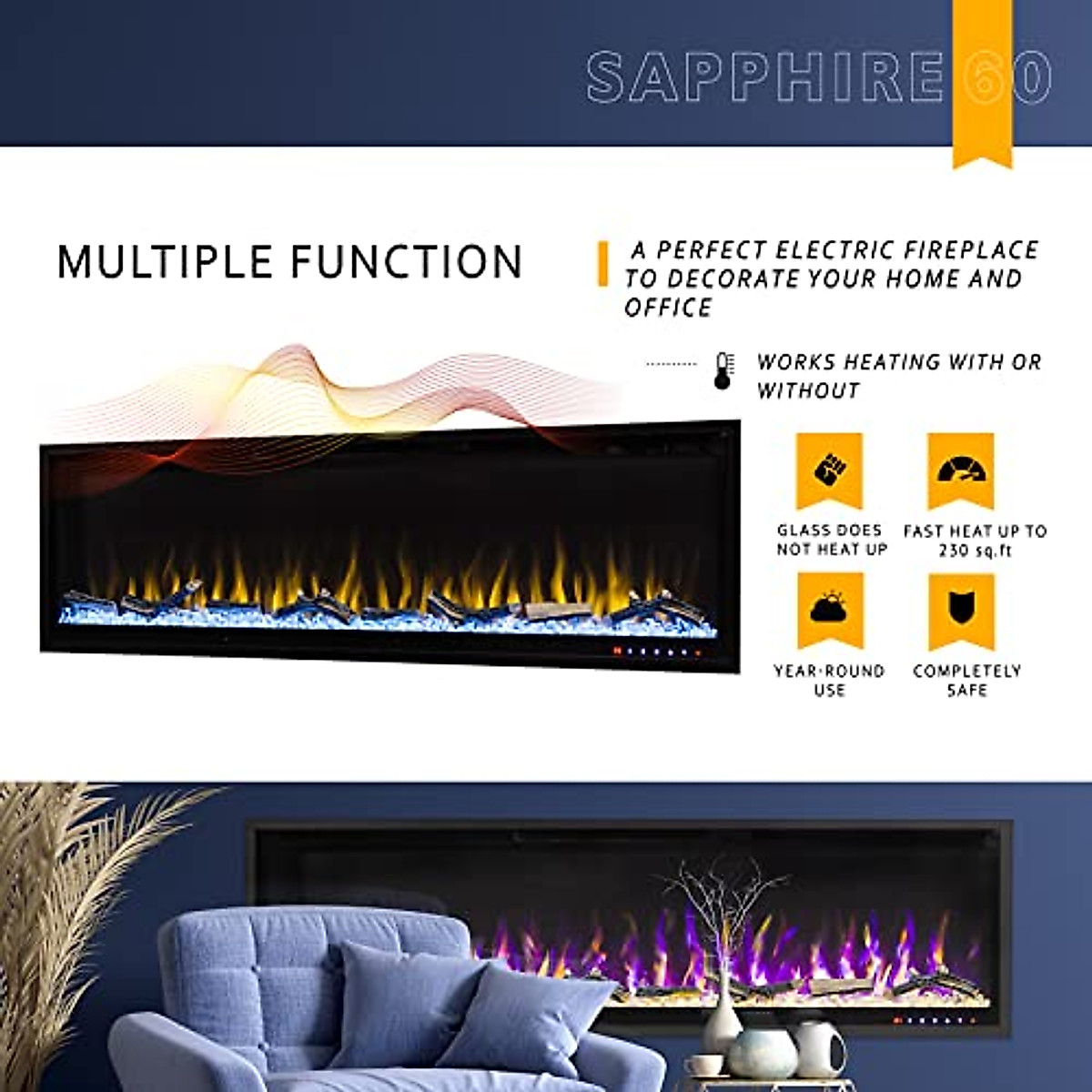 FIREBLAZE Sapphire 60 Electric Fireplace - Faux Fireplace with Various Flame Color Combinations - Recessed Installation - Remote Control Operated, Safe for Daily Use - 60 Inch Wide Wall Mount Heater