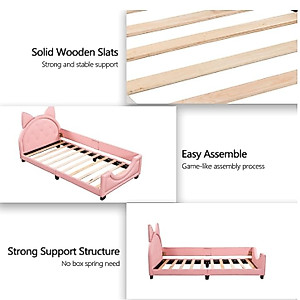 MWrouqfur Twin Size Upholstered Daybed,Wooden Daybed Frame with Carton Ears Shaped Headboard, PU Leather Platform Bed for Girls Boys, Low Profile Single No Box Spring Needed (Pink) (HYYS774)