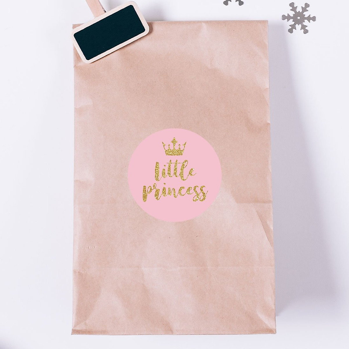 MAGJUCHE Pink Little Princess Crown Stickers, Gold Glitter Girl Baby Shower or Birthday Party Circle Sticker Labels, 2 Inch Round, 40-Pack