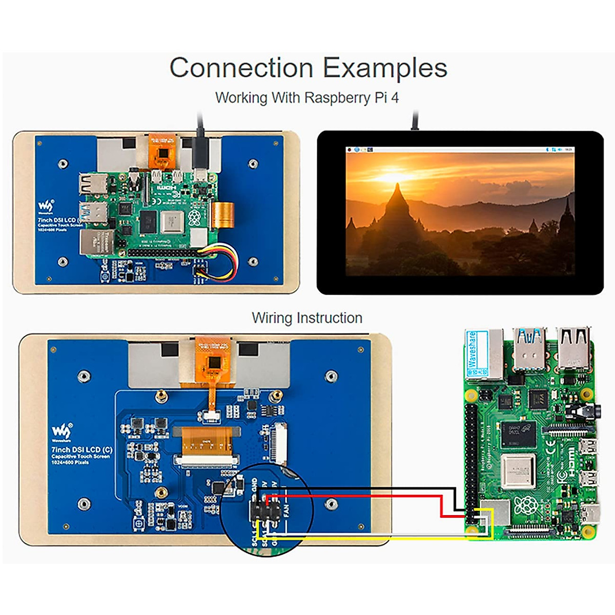 waveshare 7inch DSI LCD 1024×600 Touch Screen for Raspberry Pi 4B/3B+/3A+/Compute Module 4 (CM4)/Compute Module 3+ (CM3+) Toughened Glass IPS Display Capacitive Monitor 5-Points Touch Driver Required
