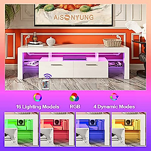 AiSONYUNG White LED 63inch TV Stand for 55 60 65 70 75 Inch TV, High Glossy Modern Entertainment Center, Large Wood TV Stand Gaming Media Cabinet with Large Storage for Bedroom Living Room and Office