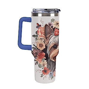 WYUSPGK 40oz Stainless Steel Car Mug, Yorkie Floral Print Travel Mug, Double-Wall Insulated with Straw, Perfect for Car, Office, Outdoor