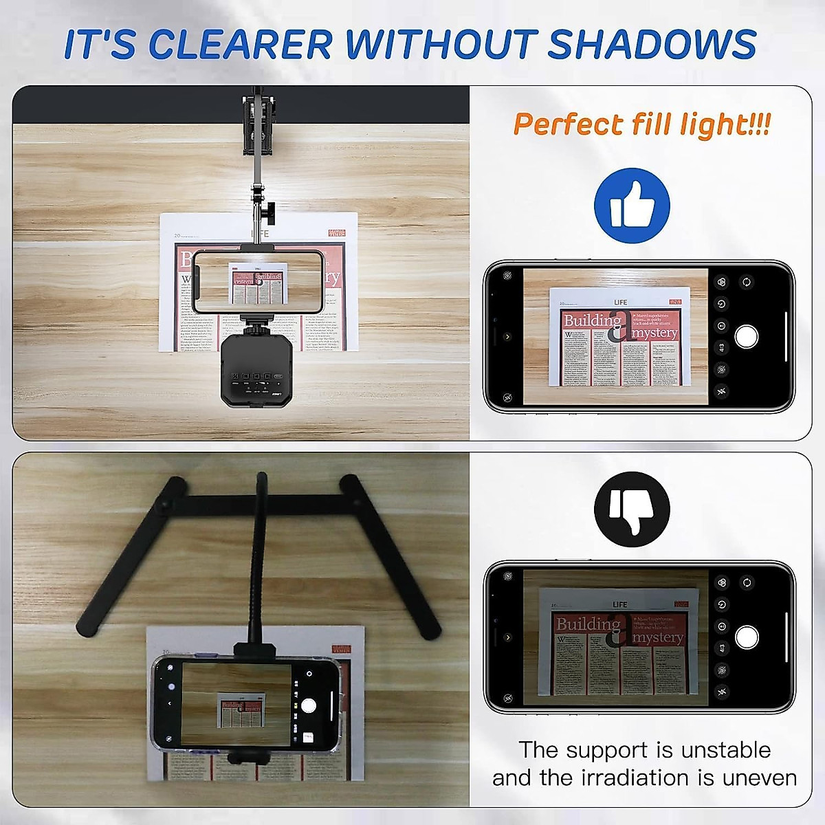 Overhead Phone Mount, Articulating Arm Cell Phone Holder with LED Light, Flexible Phone Stand for Live Streaming, Video Recording, Painting Lighting, Cooking