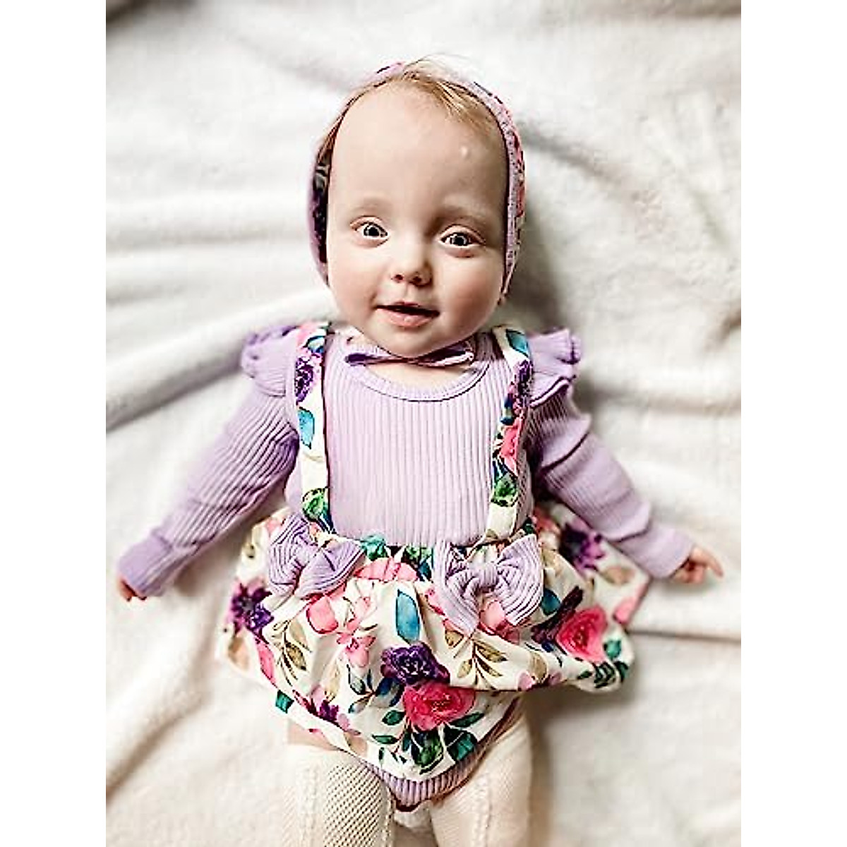 Unutiylo Baby Girl Clothes Newborn Suspender Outfit Purple Floral Romper Long Sleeve Dress Ruffle Jumpsuit with Headband Hat