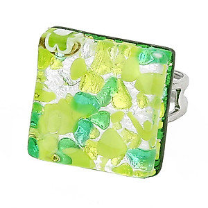 GlassOfVenice Murano Glass Venetian Reflections Square Adjustable Ring - Green Silver