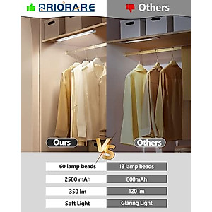 3 Color Temperatures Motion Sensor Closet Light, 60-LED Under Cabinet Lighting, Wireless USB Rechargeable Battery Powered Operated Lights, Magnetic Motion Activated Kitchen Cupboard Night Light-2 Pack