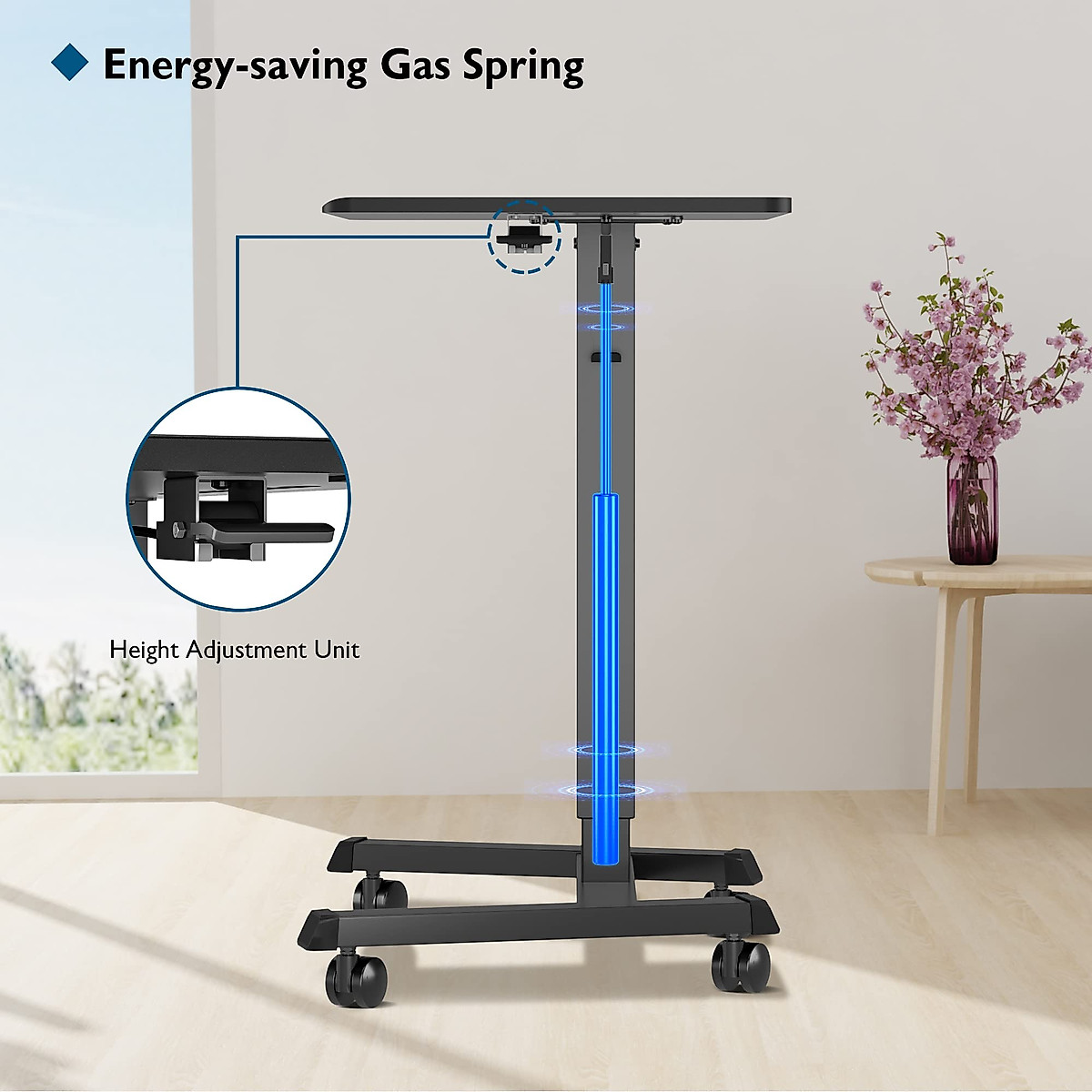 BONTEC 25.6 x 17.7 Inch Mobile Stand Up Desk, Podium, Rolling Standing Desk Up to 33LBS with Wheels and Stoppers, Laptop Standing Desk Height Adjustable, Black