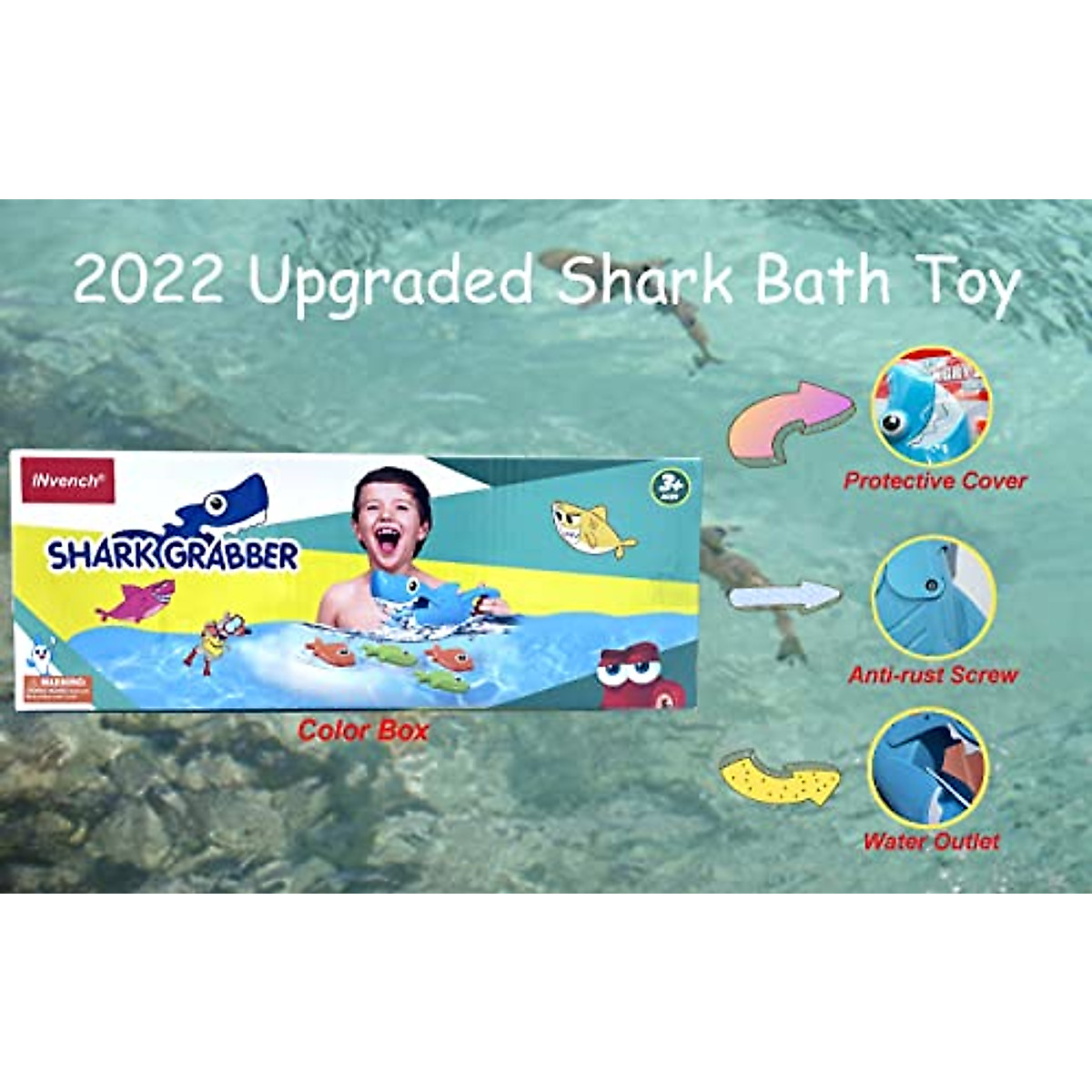 INvench Shark Grabber Baby Bath Toys - Blue Shark with Teeth Biting Action Include 4 Toy Fish - Bath Toys for Kids Ages 4-8 Boys Girls Toddlers Pool Toys