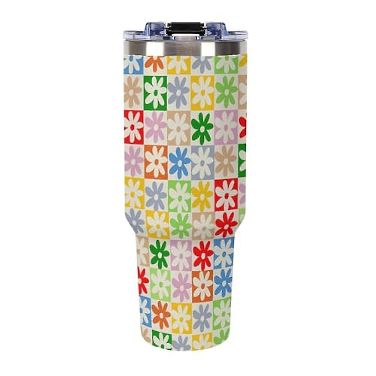 KPLBNAS Colorful Bold Aesthetic Checkered Flower Pattern 40 Oz Tumbler with Handle And Straw Lid, Insulated Reusable Stainless Steel Travel Mug Travel Mug for Hot And Cold Stainless Steel Vacuum Mug