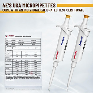 4E's USA Pipette - 0.1-2.0μl Micropipette, Adjustable Volume Pipette with Autoclavable Lower Portion, Universal Tip Cone Single Channel Pipettes, Laboratory ISO 8655 Calibrated Pipettor