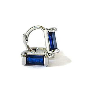 Sterling Silver Blue Sapphire TINY HUGGIE 8mm Layering Earrings Baguette Cubic Zirconia Gemstone Hypoallegic Nickel Free Lead Free Made In U.S.A (Rhodium Sterling Silver A Pair)