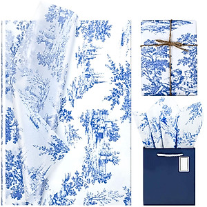 80 Sheets 20 * 14 Inches Vintage Print Tissue Paper for Gift Wrapping, Blue French Toile Gift Wrap Tissue Paper, Retro Decorative Tissue Paper for Wedding Birthday Bridal Shower DIY Craft (Blue)