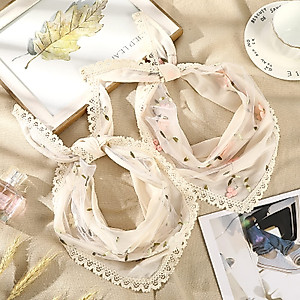 AWAYTR 2Pcs Floral Hair Bandanas Tie-back Head Kerchief for Women Flower Mesh Hair Scarves Lightweight Triangular Head Scarf (Lace trim(Beige/Pink))