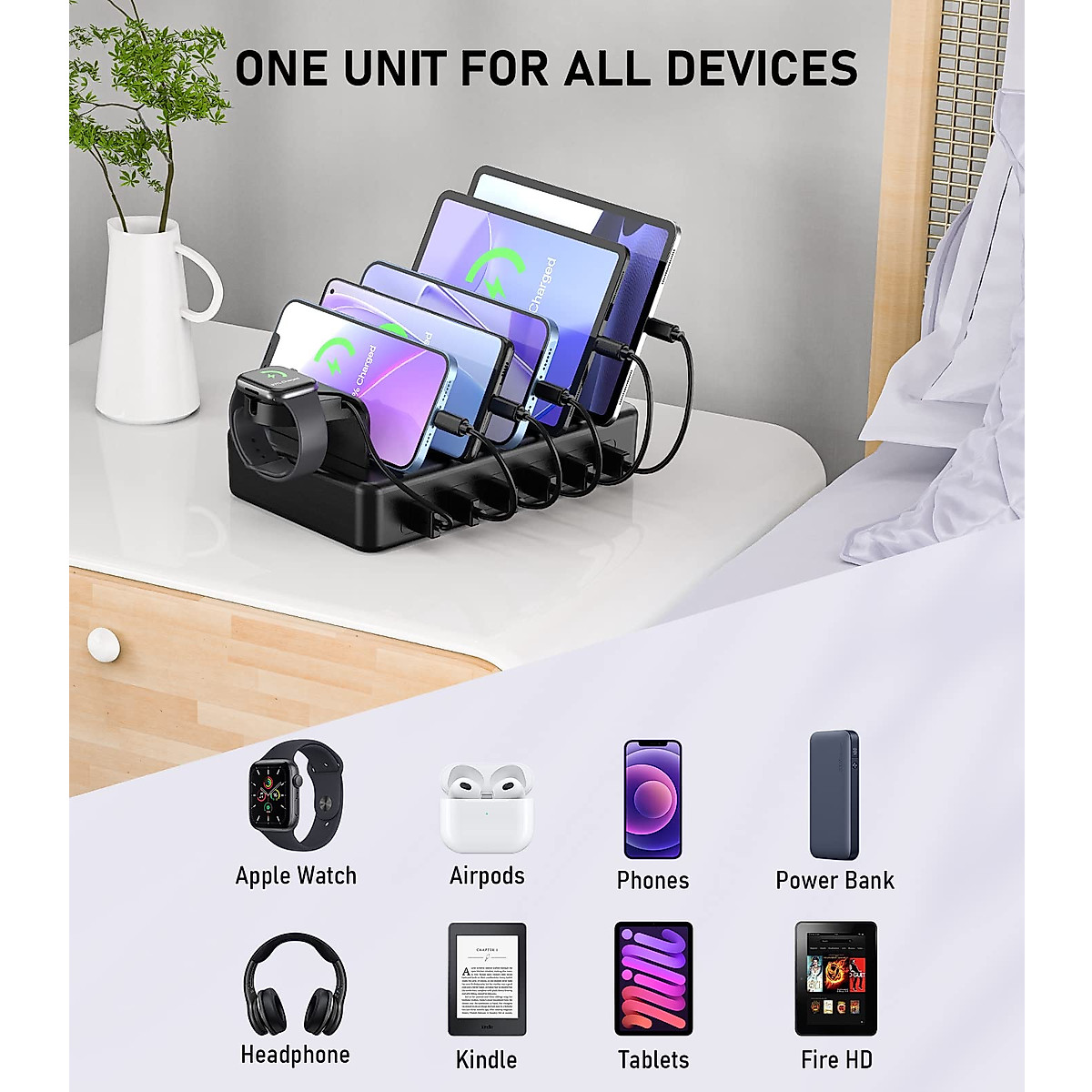 Charging Station for Multiple Devices, HSicily 6 Ports 50W Charger Station with 6 Cables Charging Dock Designed for Kindle iPhone iPad Cell Phones Tablets Apple Watch