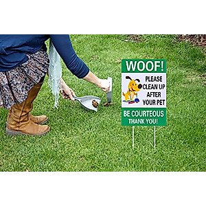 WaaHome Pack of 2 Double Sided Woof Please Clean Up After Your Pet Yard Signs with Stakes, 8"X12" Funny No Poop Pee Dog Yard Sign Lawn Sign