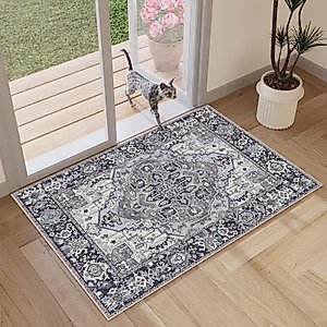 1.5x2.5ft Rug Washable Boho Rug Soft Small Area Rug Abstract Pattern Non-Slip Non-Shedding Vintage Rug for Door Mat, Kitchen, Floor, Entryway, Powder Room, Grey and Black