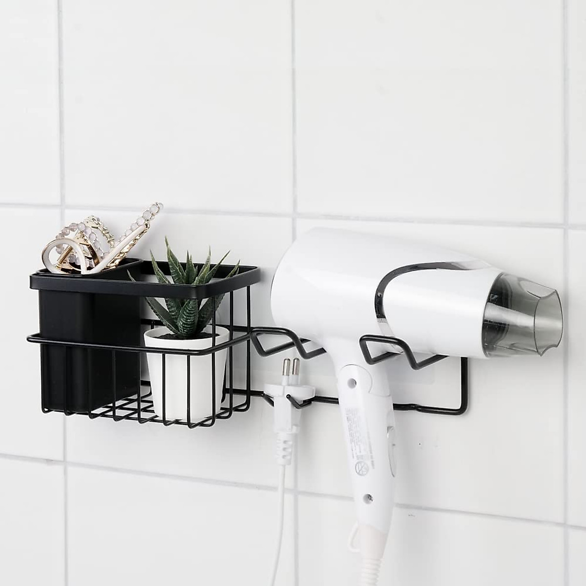 Bath Beyond Hair Dryer Holder Brush Holder Wall Mount Bathroom Adhesives Wall Mount Stainless Steel Blow Dryer Holder Hair Tool Organizer Storage Basket for Hair Dryer (Strong Sticky Pad)